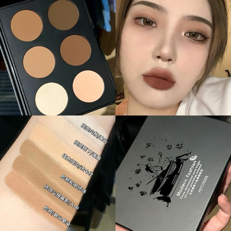 Контурная пудра, хайлайтер, осветляющая тень, тени для век, тени для носа, тени для боков, водостойкая перламутровая палетка для контуринга из шести оттенков, европейский и американский макияж.
