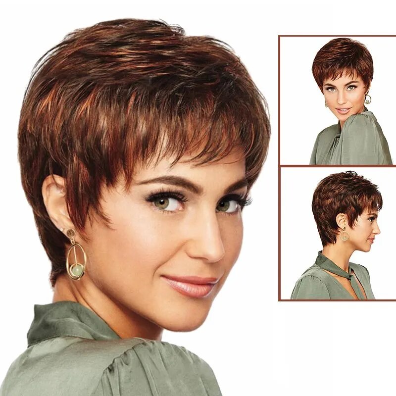 Короткие вьющиеся волнистые каштановые парики волосы