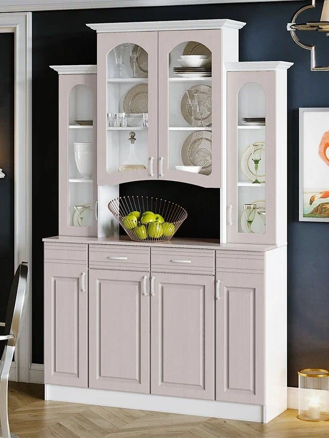 Буфет для кухни Констанция, кухонный шкаф витрина для посуды напольный с фасадами МДФ, 140х225х43 см, Мускат/Белый