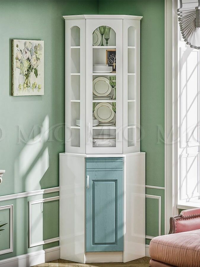 Буфет для кухни Констанция, угловой кухонный шкаф витрина для посуды напольный с фасадами МДФ, 58х225х58 см, Голубой, Белый/Белый матовый