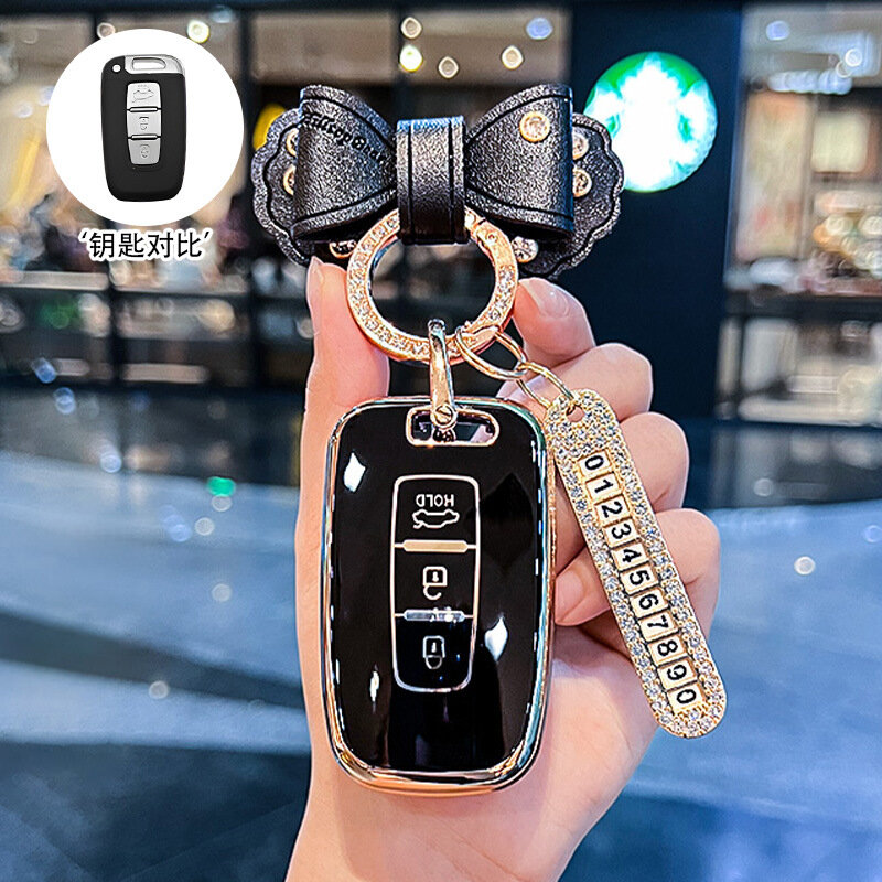 Ключевой чехол для автомобиля Hyundai C-Class с элегантным бантом и номерным тегом, черный