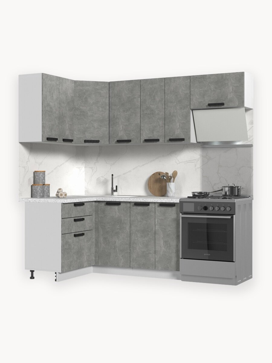 Кухонный гарнитур угловой, столешница Гранит Белый 26мм, Кухня Пасаденна, 120х220см Белый/Ателье светлое