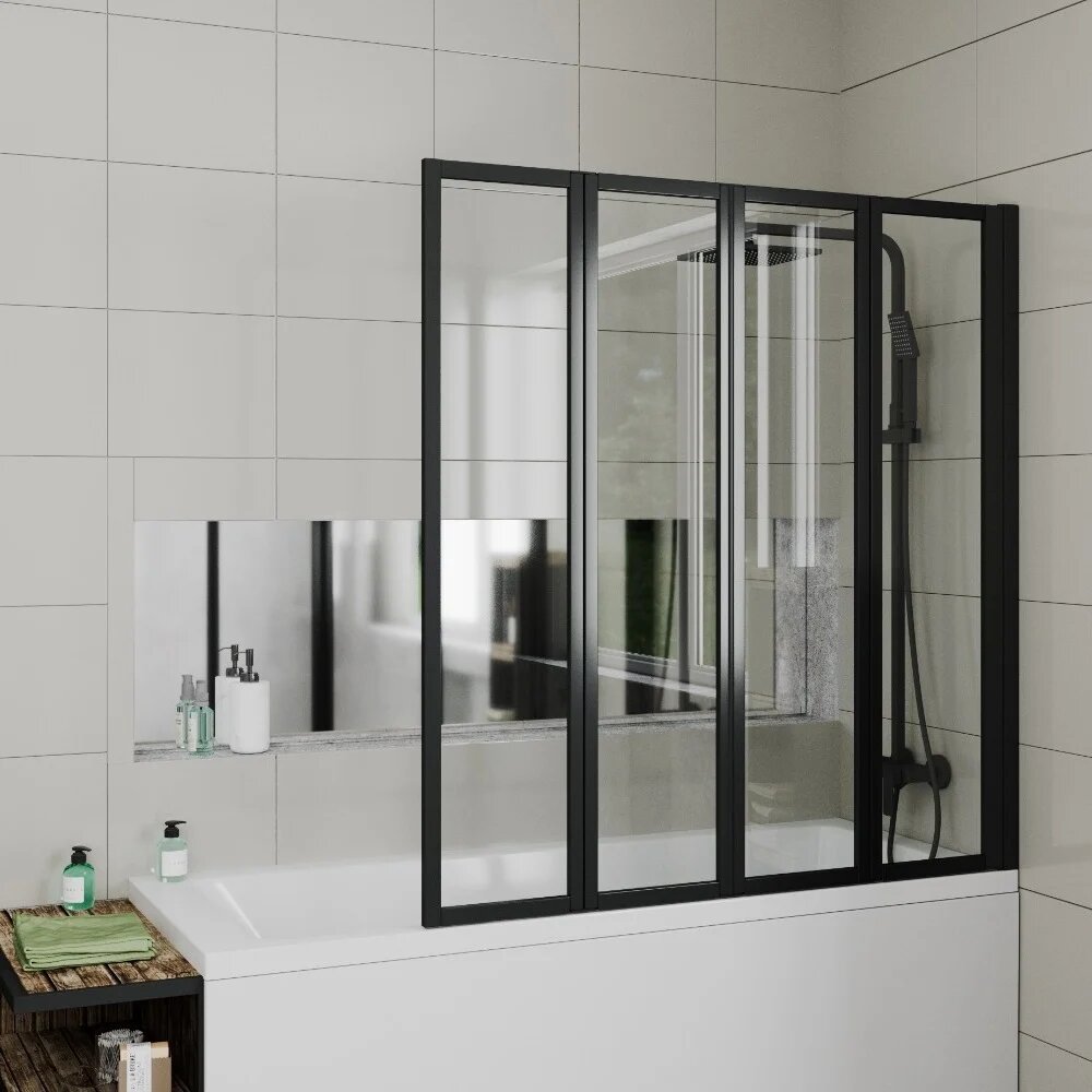Шторка на ванну Ceruttispa Bouna-B 131 см, стеклянная, гармошкой, черная, прозрачная, итальянская