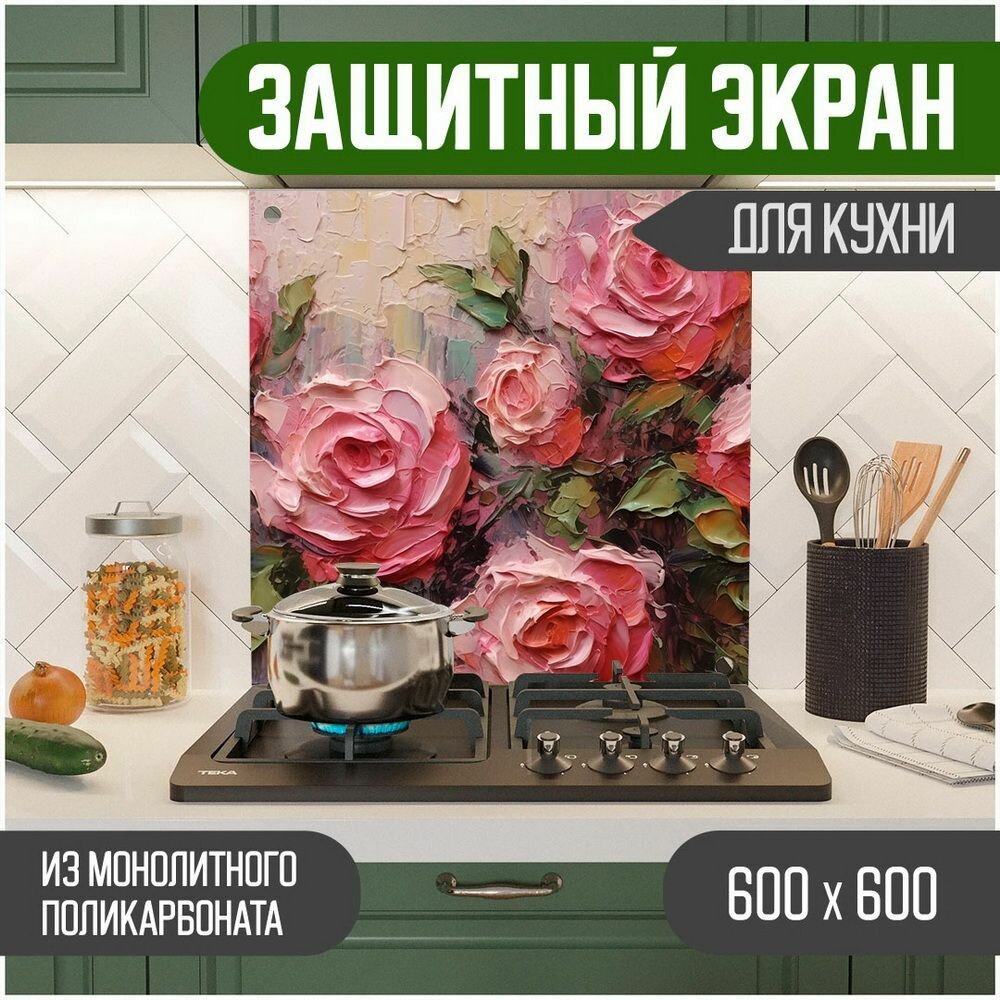 Защитный экран из акрилового стекла (поликарбонат) на кухонный фартук в зону мойки и плиты с фотопечатью. Панель на стену с рисунком Цветы 600 х 600 х 3 мм, 600-055