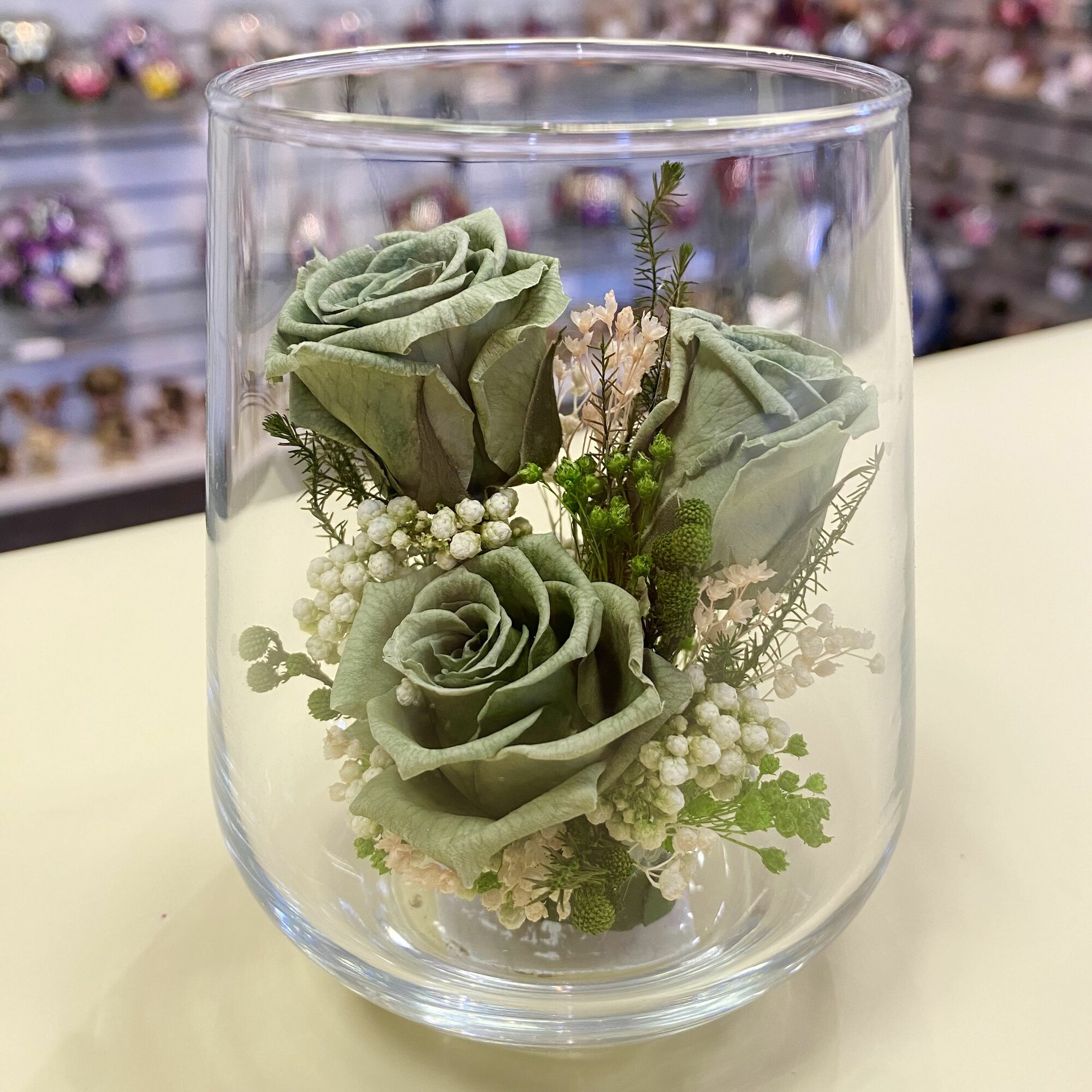 Натуральные кустовые розы в стекле, вакуум*