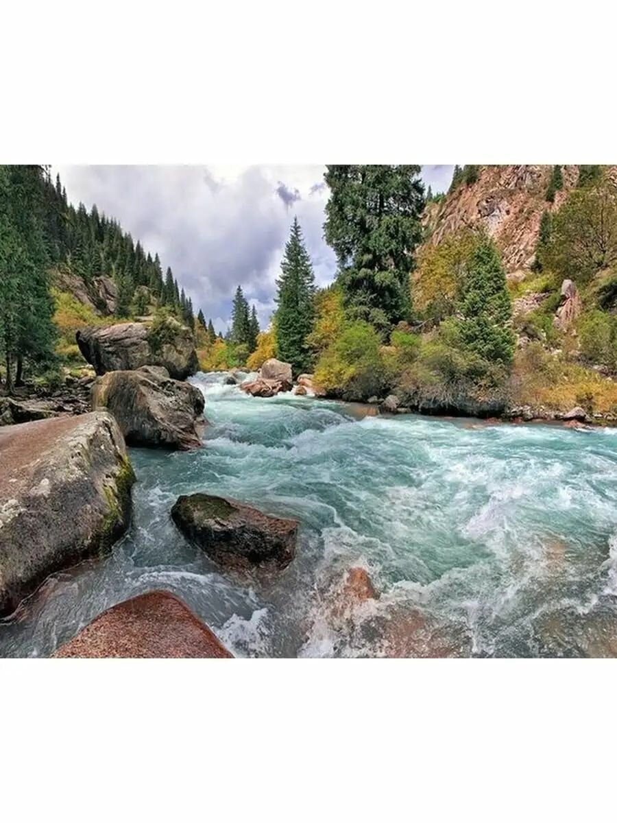 Алмазная мозаика на подрамнике 40х50 полная выкладка круглые стразы "Бурная река в лесу Пейзаж Природа". Набор творчества и хобби. Для взрослых и детей. Мозайка