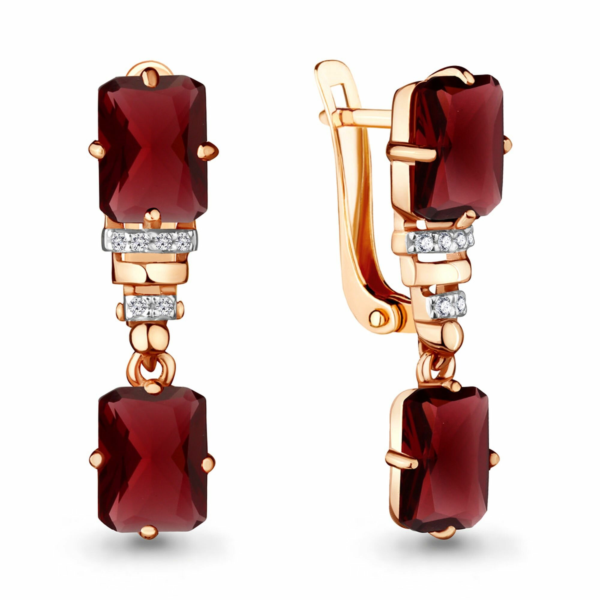 Серьги, серебро, 925 проба, золочение, гранат, фианит