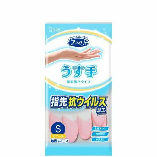 ST Family Vinyl Glove Anti-virus Processing Перчатки виниловые для бытовых и хозяйственных нужд, с уплотнением и антивирусной обработкой кончиков пальцев, тонкие, размер S, бело-розовые, 1 пара