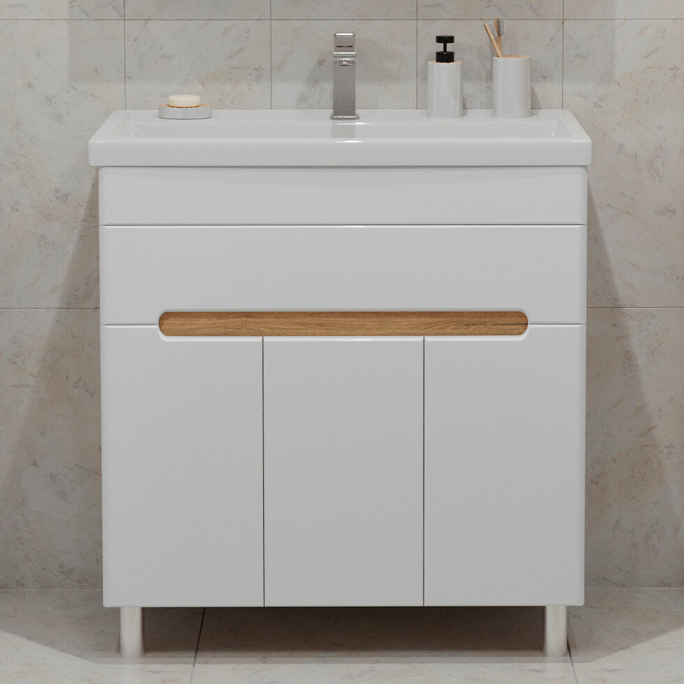 Тумба напольная SanStar Модена 80 с раковиной Фостер 80 (комплект) для ванной комнаты, белая, дуб вотан