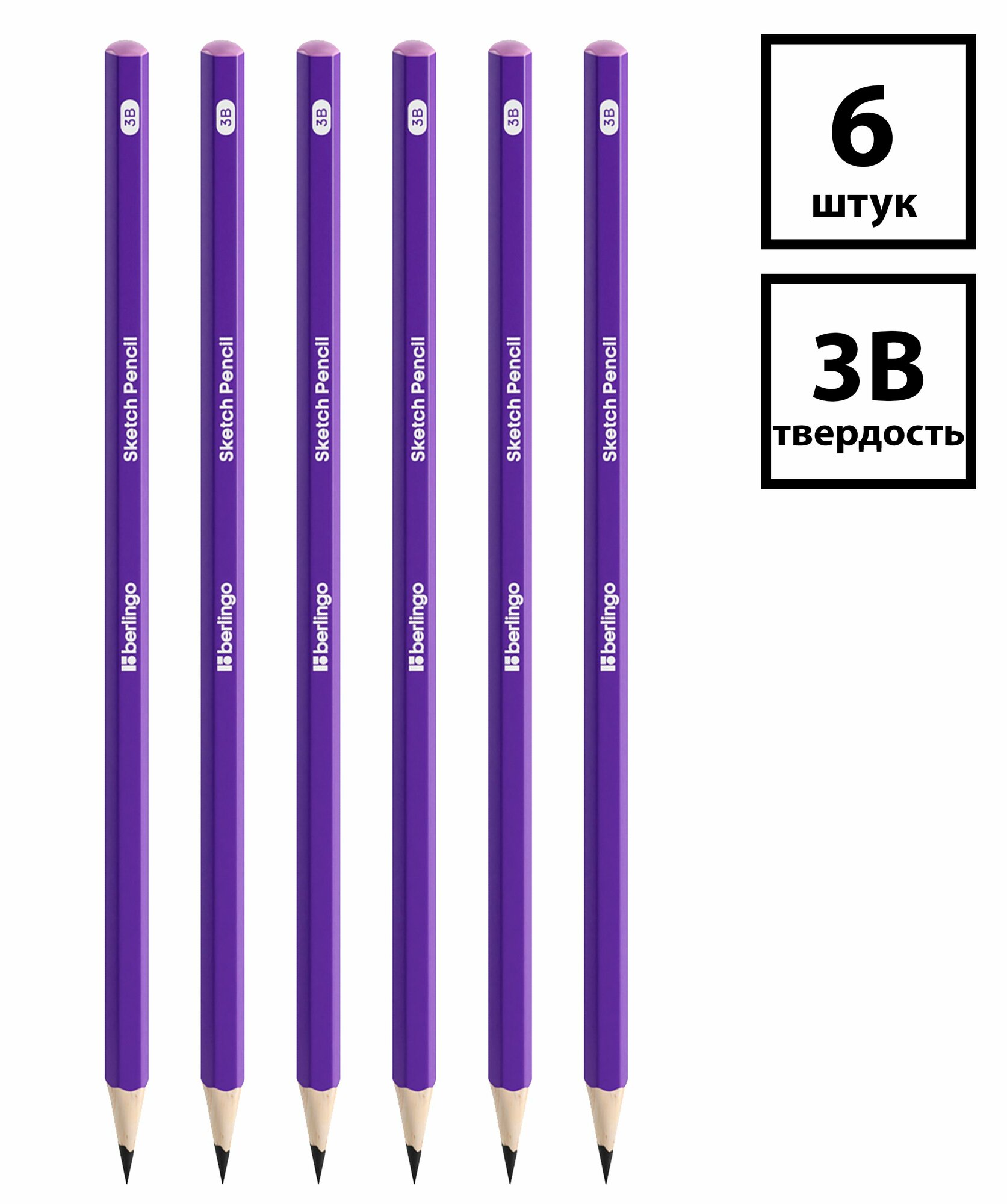 Набор из 6 шт. - Карандаш чернографитный Berlingo "Sketch Pencil" , 3B, шестигранный, заточенный SP12013