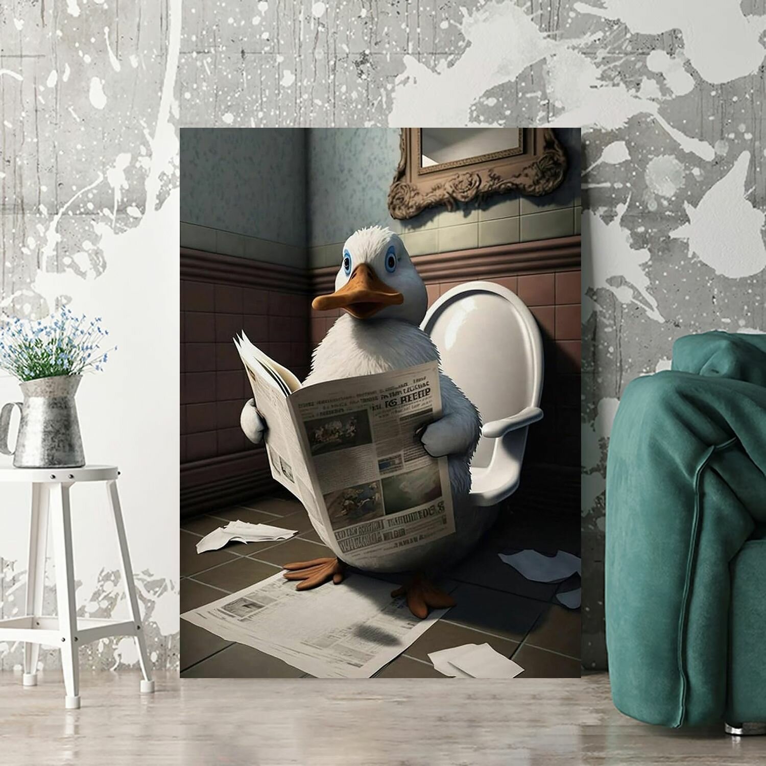 Картина в туалет, ванную комнату Утка читает газету, 20х30 см.