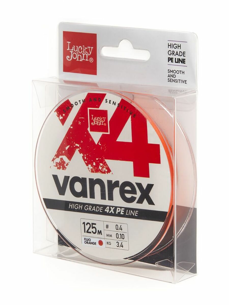 Шнур плетёный Lucky John Vanrex х4 BRAID Fluo Orange 125/010