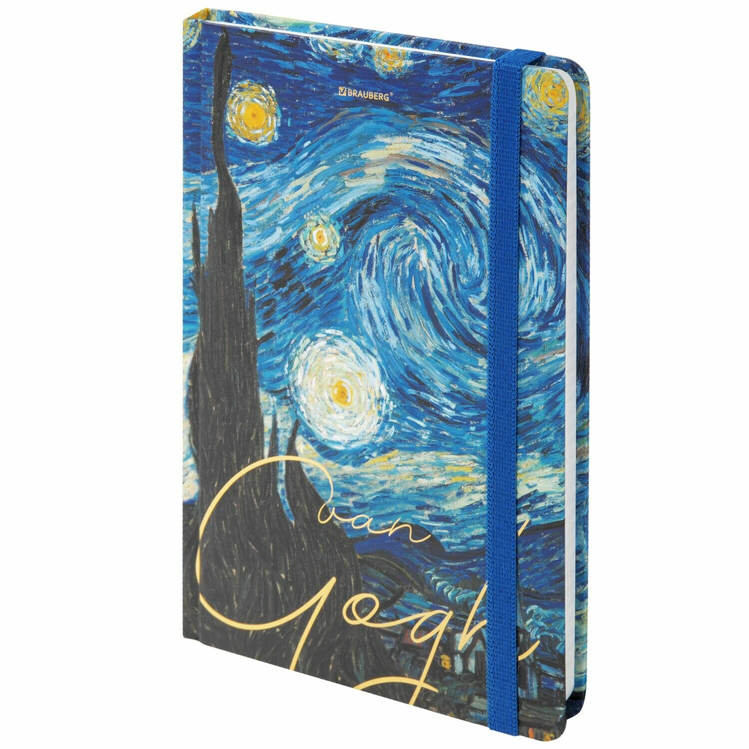 Блокнот с резинкой Brauberg в клетку 96 л, А5, твердая обложка с фольгой, "Van Gogh" (113728)