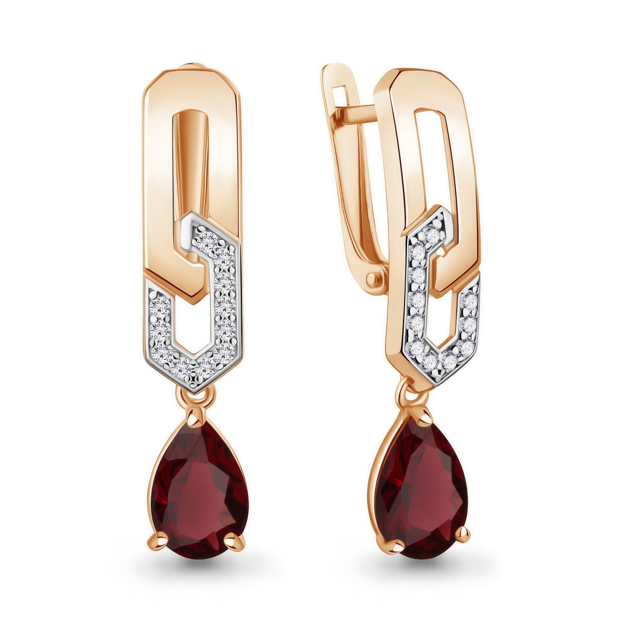 Серьги, серебро, 925 проба, золочение, гранат, фианит