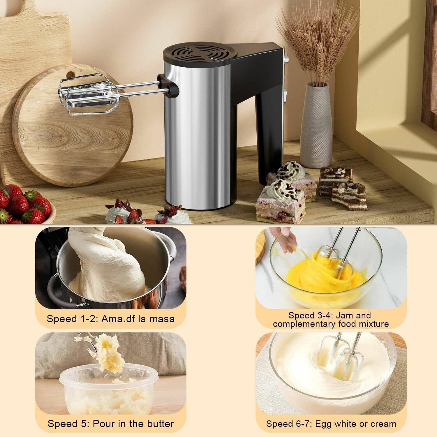 Ручной Блендер Из Нержавеющей Стали, 5 Скоростей, Турбо-Миксер Со Сменными Лезвиями