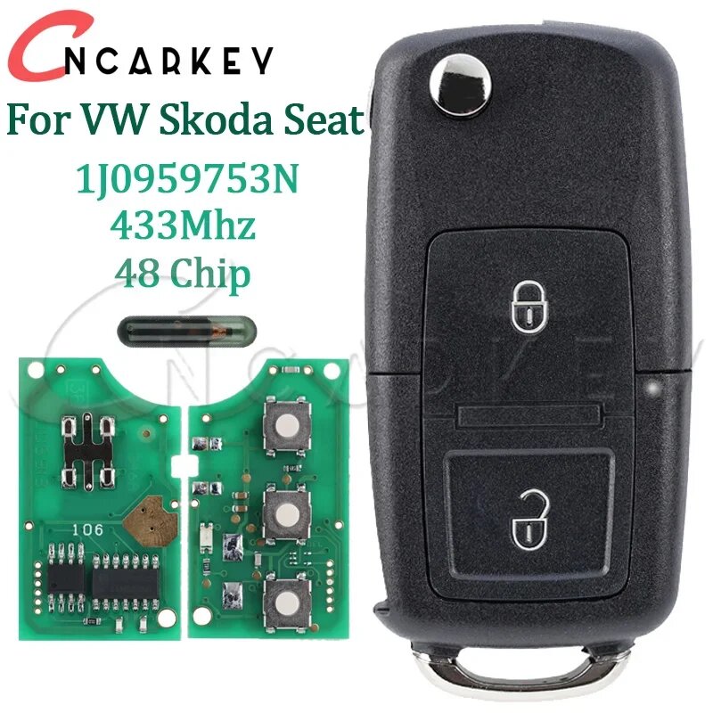 Выкидной ключ 433MHz ID48 для VW Skoda Seat 1J0959753N