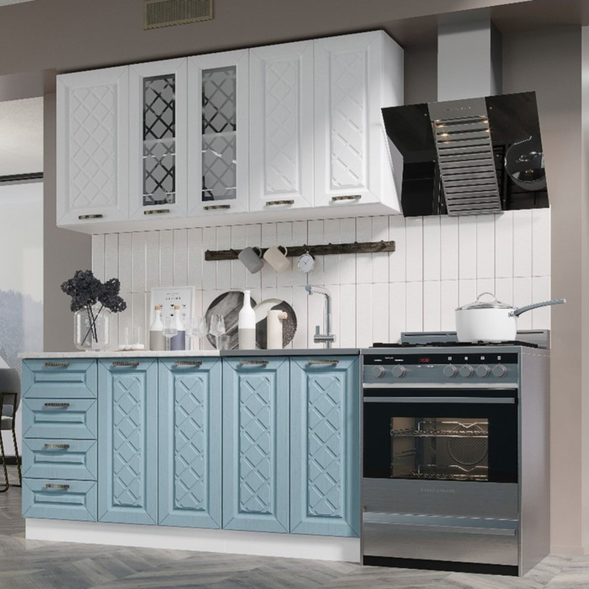 Кухня ЭРА Агава, ЛДСП, МДФ, цвет акация белая/аква, 160х60х80 см