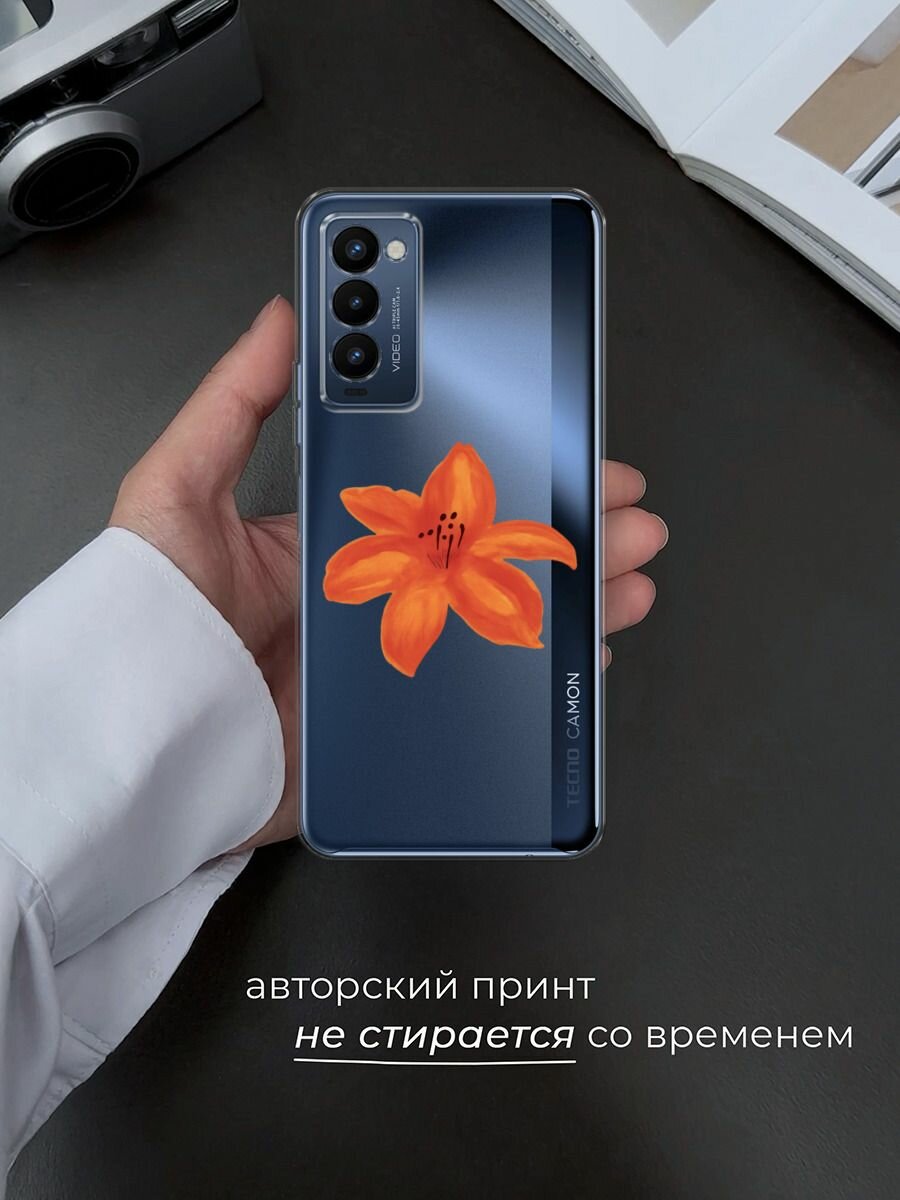 Чехол на Tecno Camon 18P / Техно Камон 18Р с принтом "Оранжевый цветок", прозрачный — фото 1