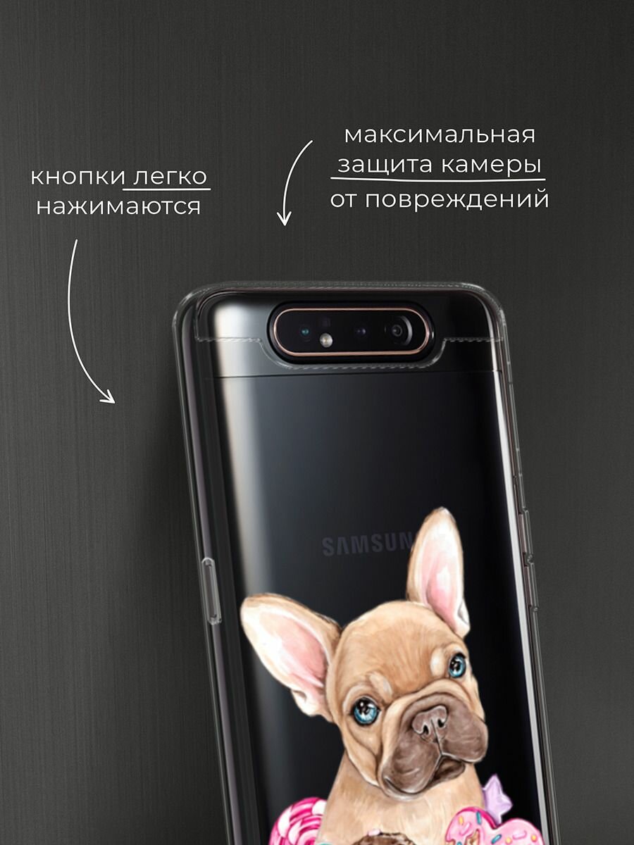 Чехол на Samsung Galaxy A80 / Самсунг Гэлакси A80 с принтом "Бульдог и сладости", прозрачный — фото 1