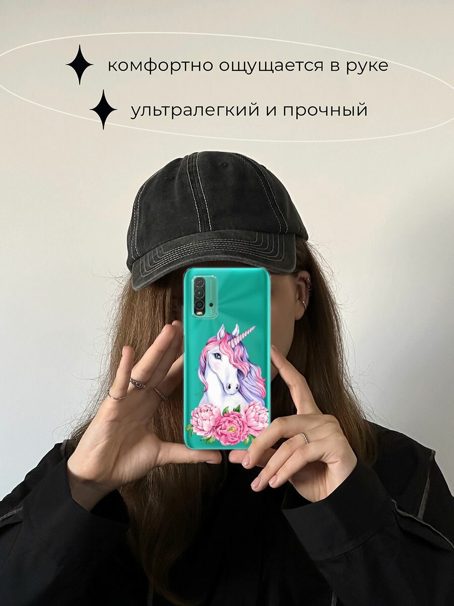 Чехол на Xiaomi Redmi 9T / Сяоми Редми 9Т с принтом "Единорог с пионами", прозрачный — фото 1