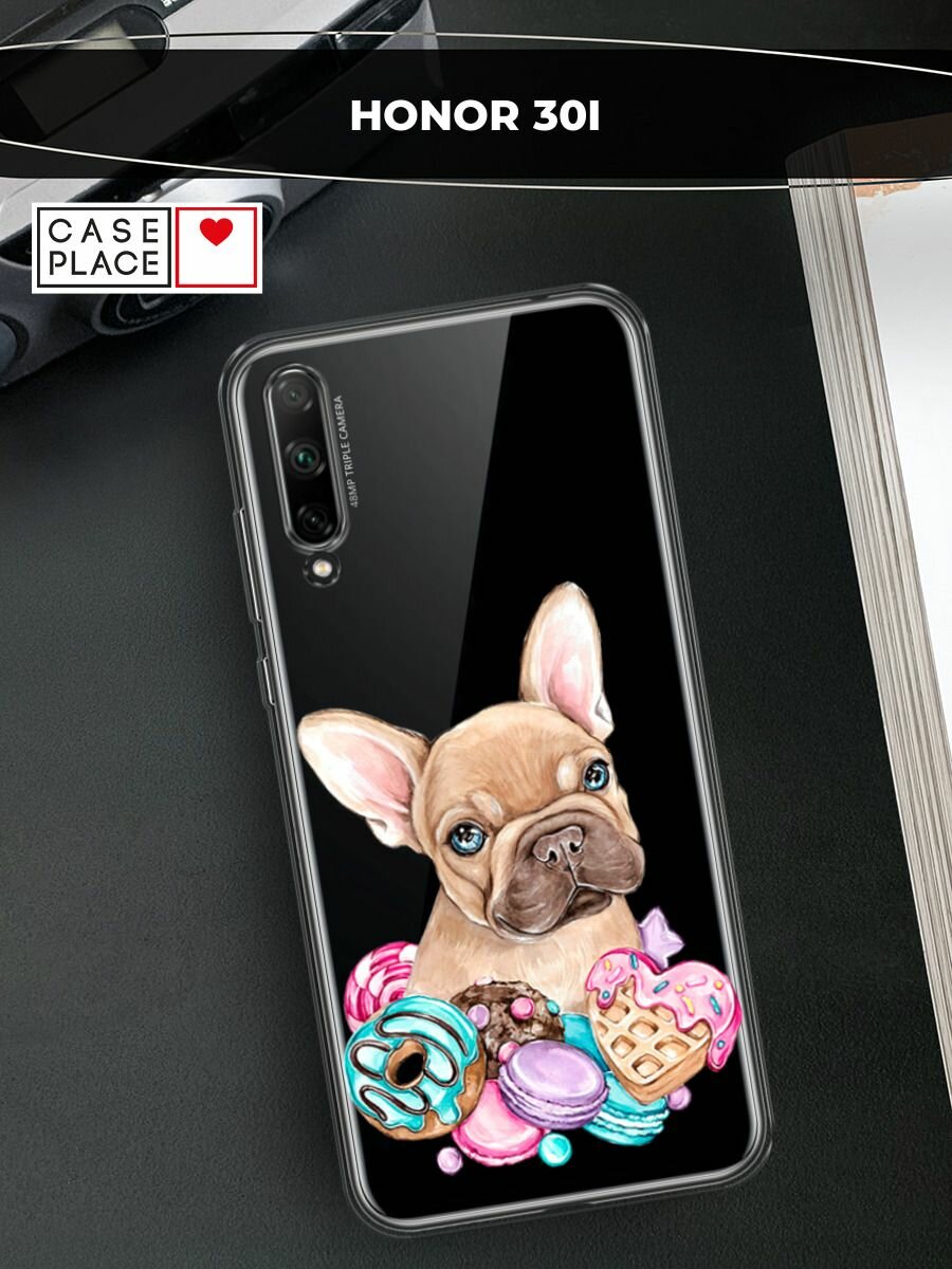Чехол на Honor 30i / Хонор 30i с принтом "Бульдог и сладости", прозрачный