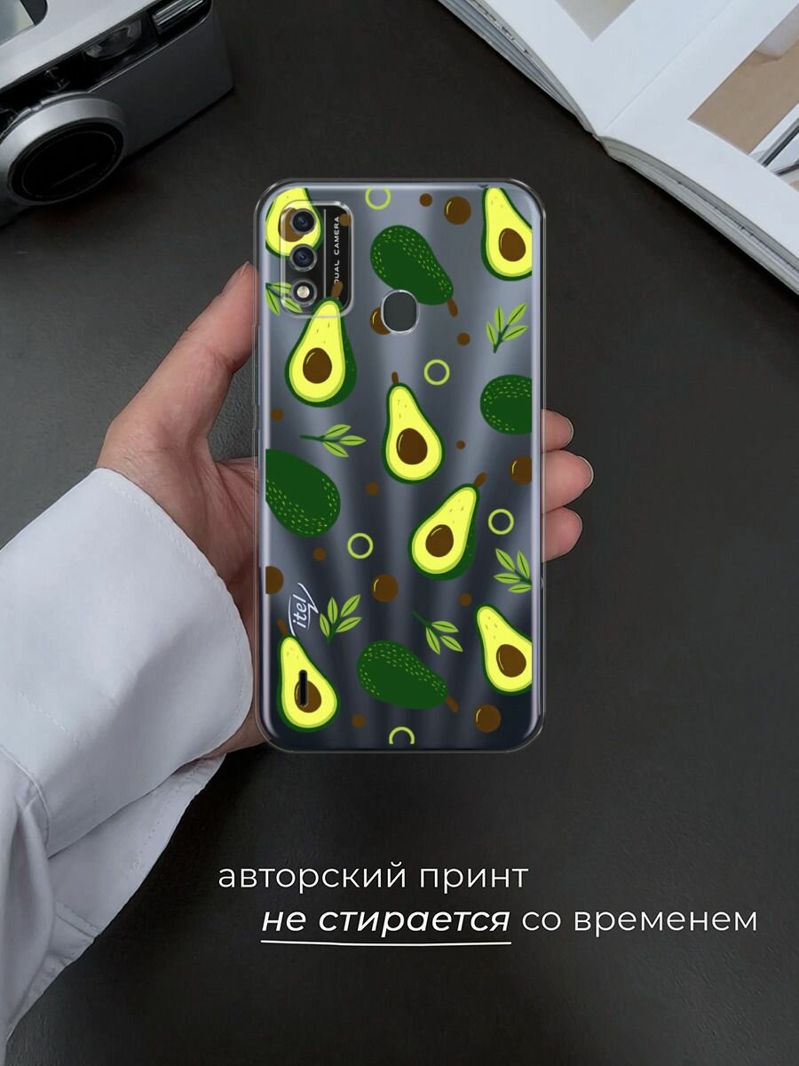 Чехол на Itel A48 / Ител А48 с принтом "Авокадо паттерн", прозрачный — фото 1