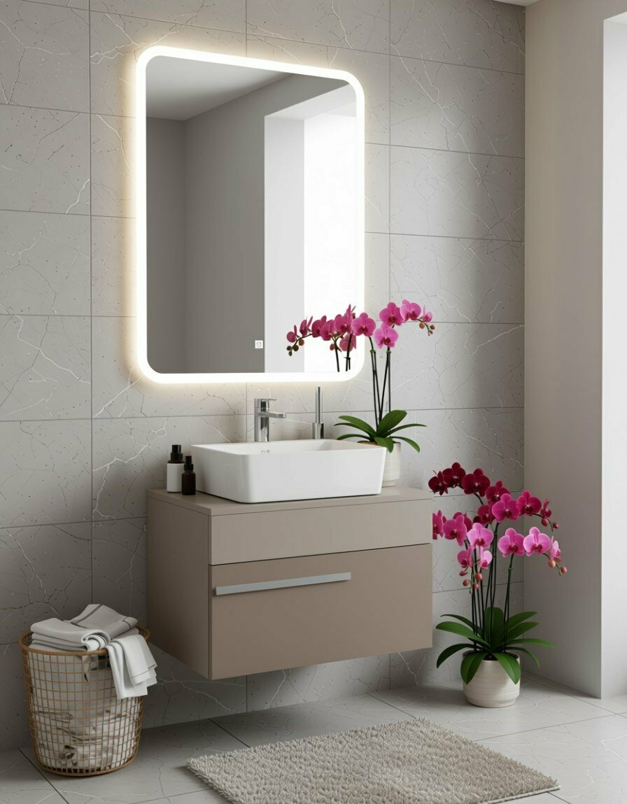 Мебель для ванной Вудлайн 65, розовый-бежевый, раковина Тренд, зеркало Руан 60х80