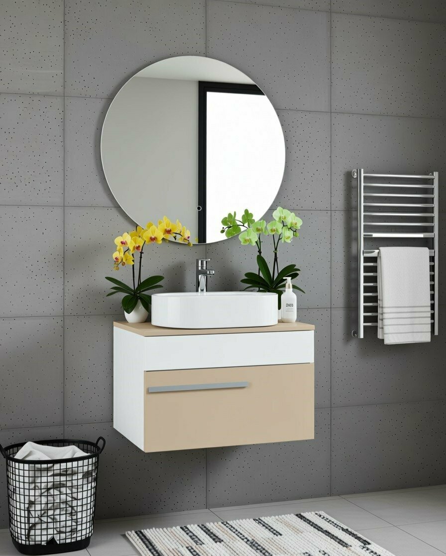 Мебель для ванной Вудлайн 65, белый-кремовый, раковина Нова, зеркало Руан D65