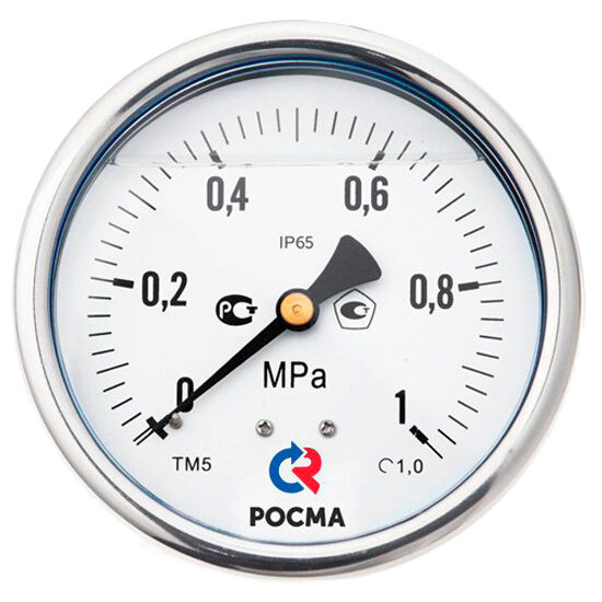 Манометр осевой Росма ТМ-520Т.00 (0-1.6МПа) G1/2 1 виброустойчивый (готовый к гидрозаполнению) 100мм, тип - ТМ-520Т, осевое присоединение, шкала (0-1.6МПа), резьба G1/2, класс точности 1, цвет хром