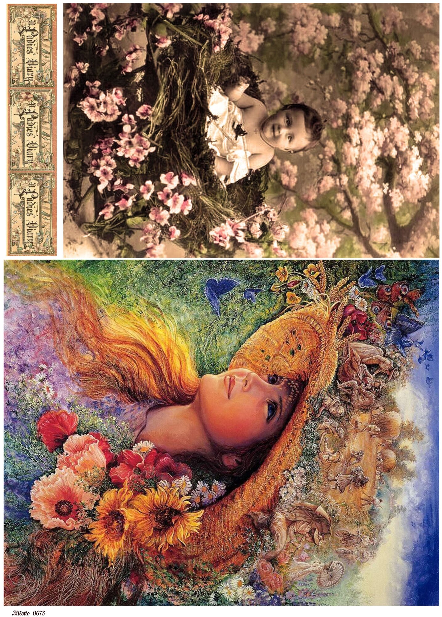 Рисовая бумага для декупажа А4 ультратонкая салфетка 0673 девочки в цветах винтаж крафт Milotto