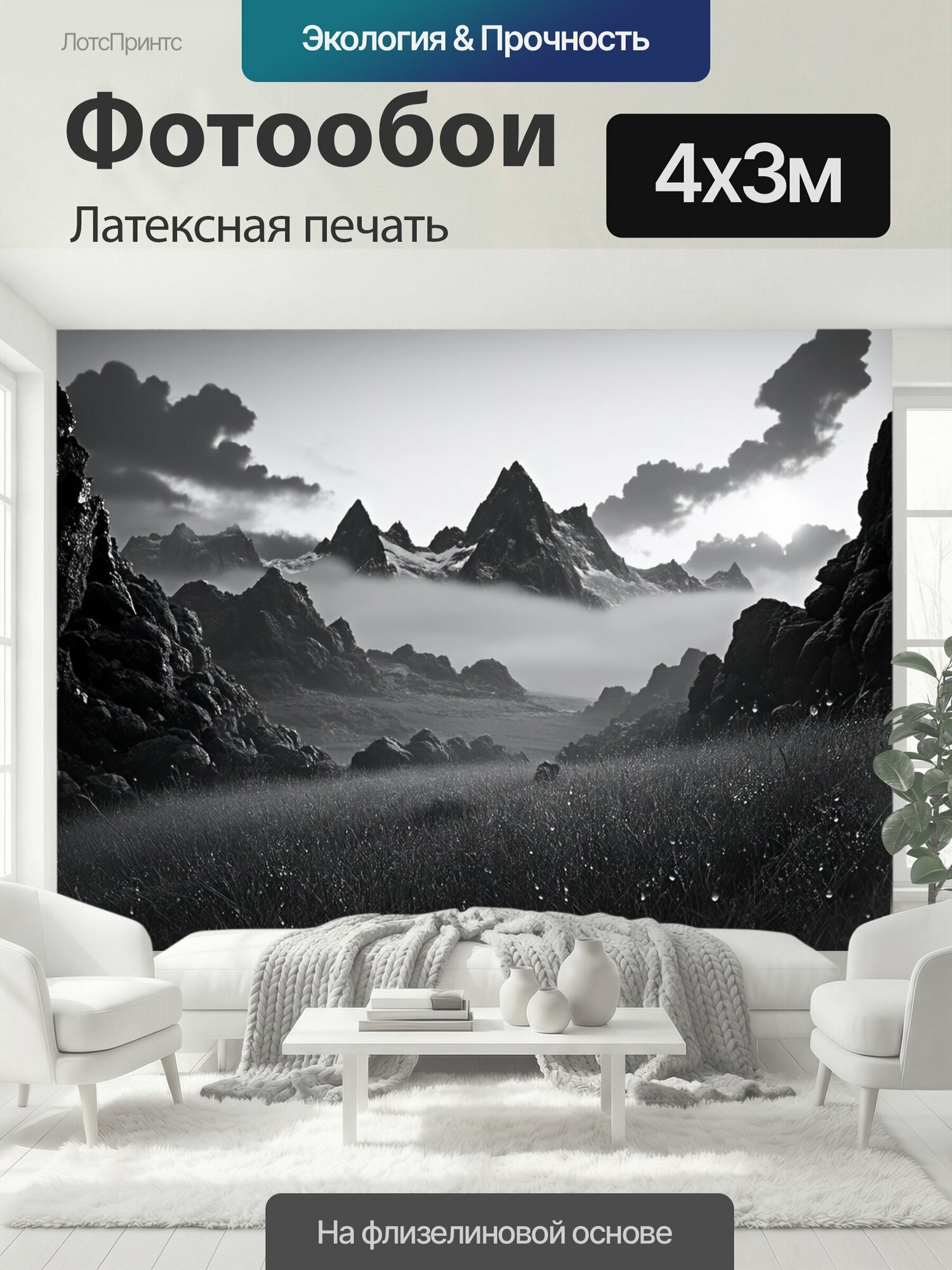 Фотообои моющиеся ударопрочные "Черно-белый, изображающие величественные горы, покрытые легким туманом. на фоне панорамы утро, где роса сверкает." 400x300 см. латексная печать