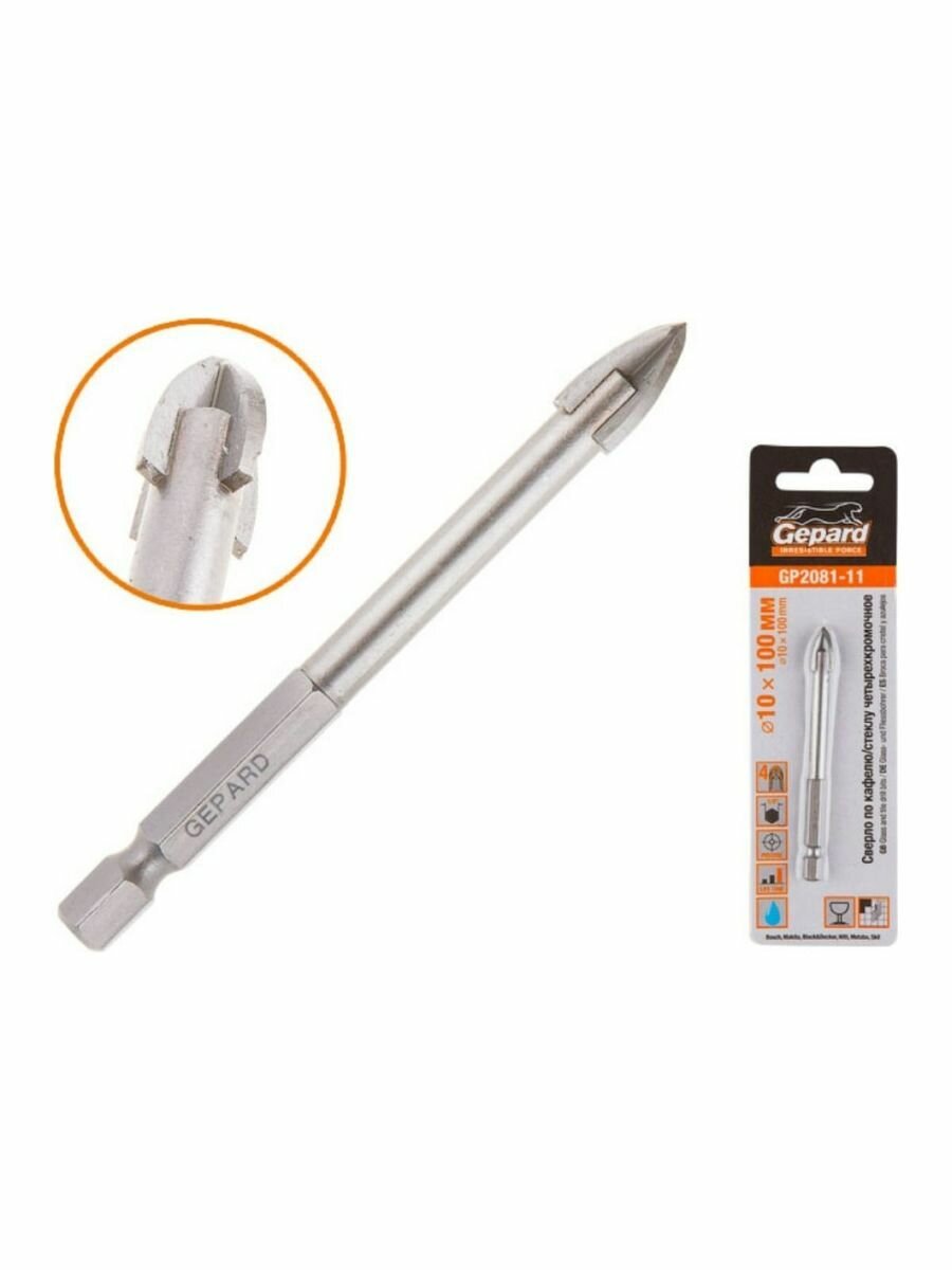 Gepard Сверло копьевидное по кафелю и стеклу 10x100 мм GP2081-11