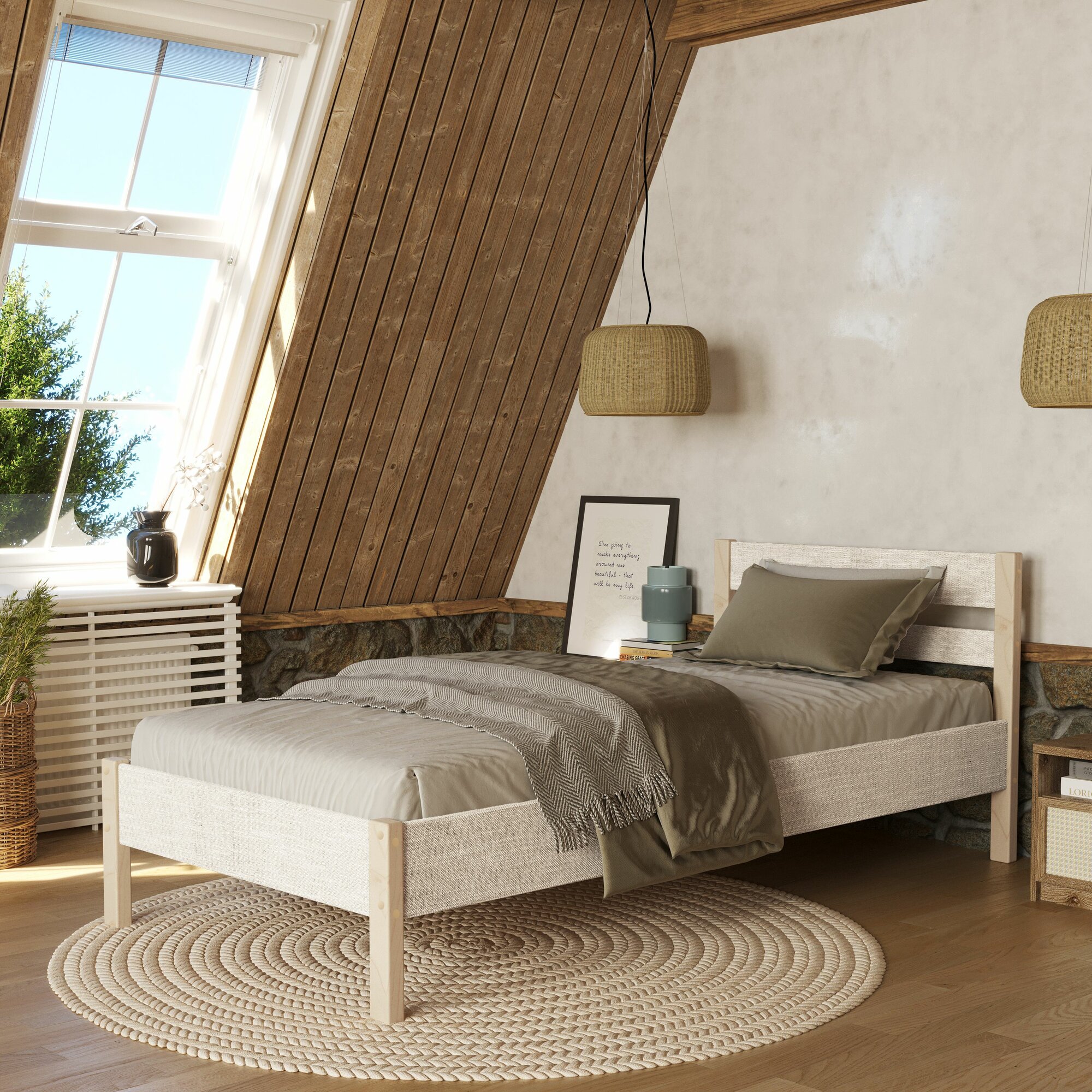 Кровать односпальная, 80х190 см, Hansales, деревянная, из массива березы, ткань белая