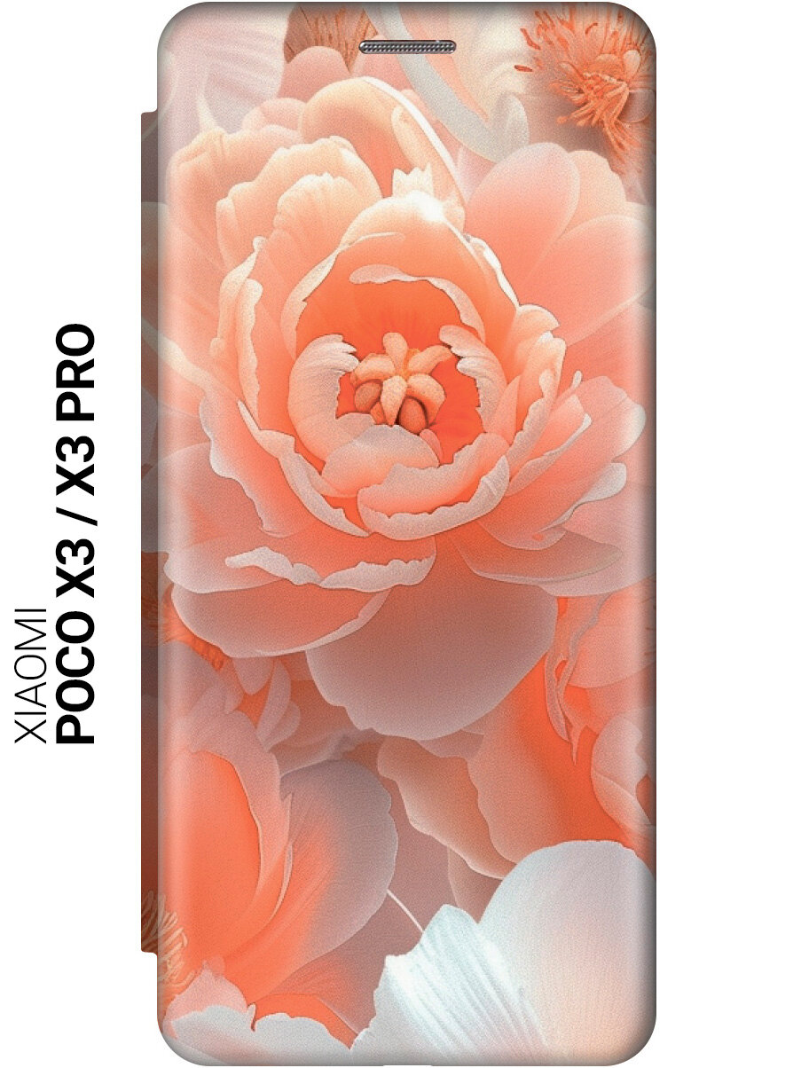 Чехол-книжка на Xiaomi Poco X3 / X3 Pro с принтом "Персиковые пионы" золотой