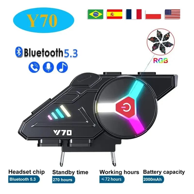 Мотогарнитура Y70 V5.3 RGB С Bluetooth, Водонепроницаемость IPX6, Подключение Двух Телефонов, Красочные LED-подсветки