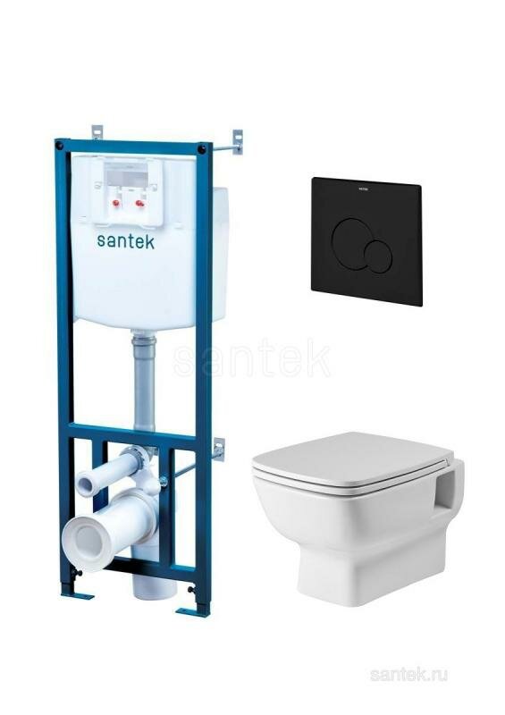 Santek Комплект 4 в 1 Нео с подвесным безободковым унитазом с сиденьем-микролифт Slim 1WH501777, черная кнопка Santek