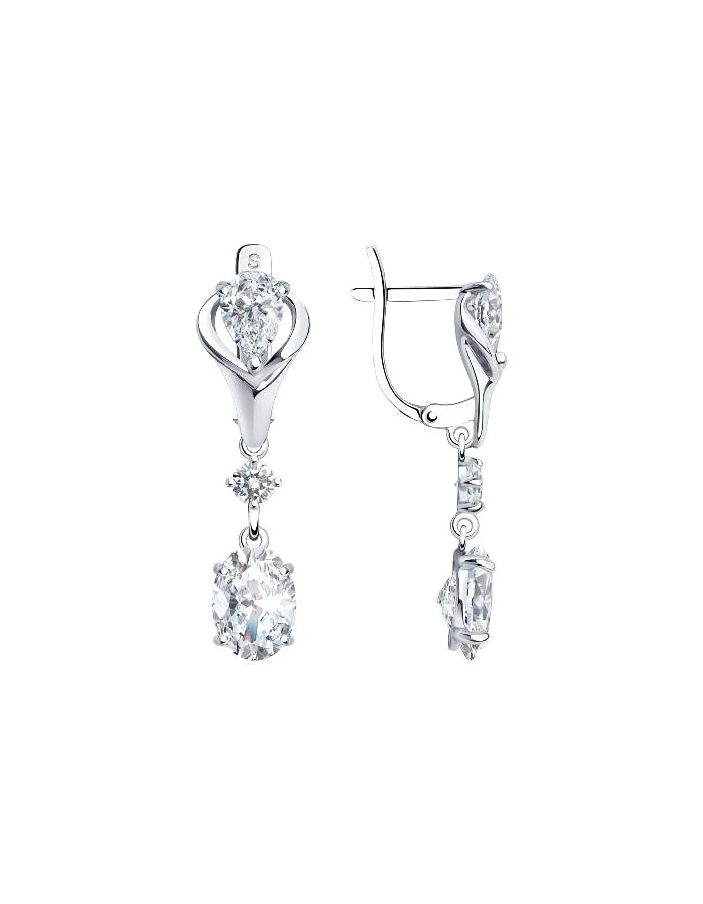 Серьги с подвесками, серебро, 925 проба, родирование, фианит