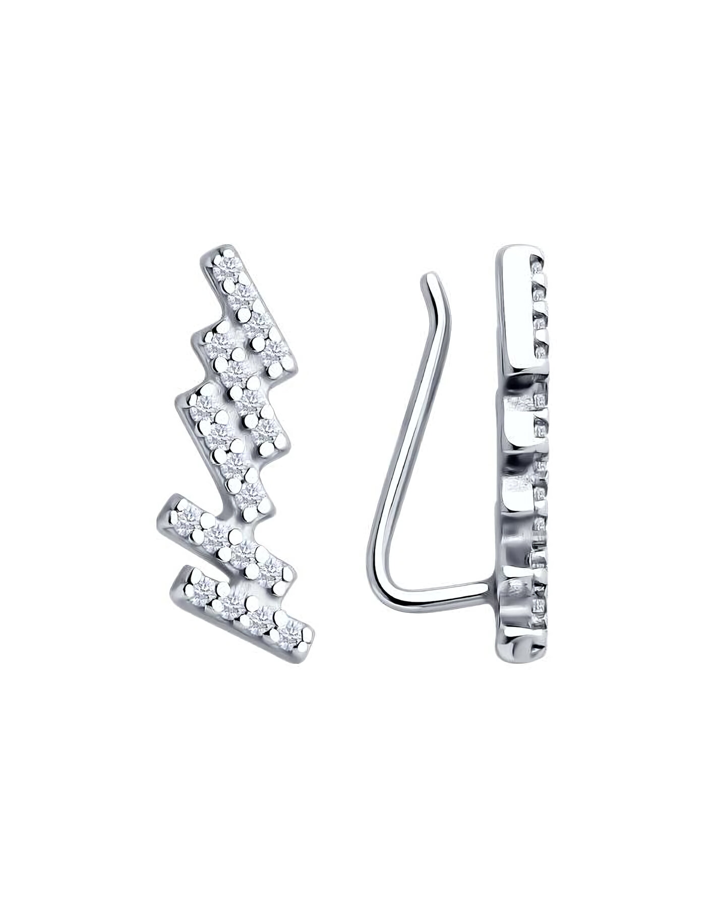 Серьги каффы, серебро, 925 проба, родирование, фианит