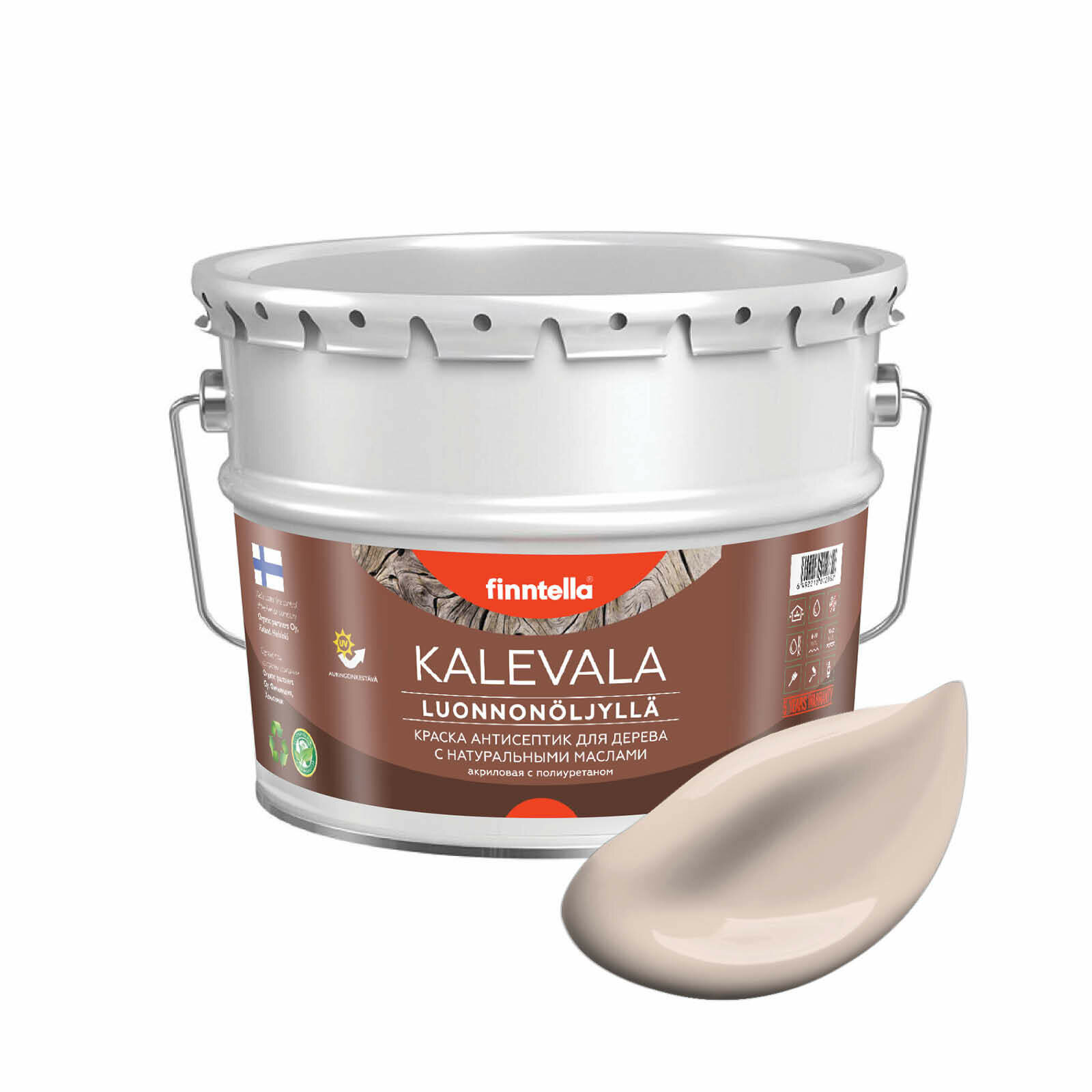 Краска для дерева и деревянных фасадов FINNTELLA KALEVALA, с натуральным маслом и полиуретаном, цвет MAKEA AAMU (светло-розово-бежевый) , 9л