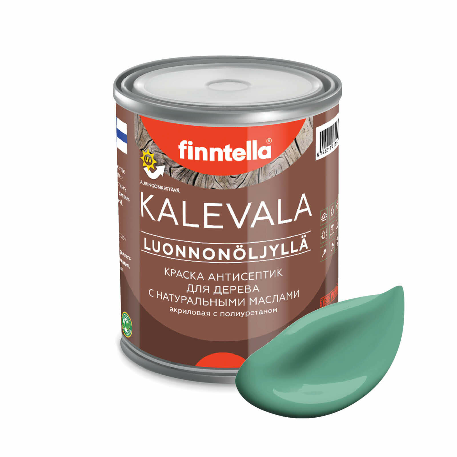 Краска для дерева и деревянных фасадов FINNTELLA KALEVALA, с натуральным маслом и полиуретаном, цвет JADE (бирюзовый) , 0,9л