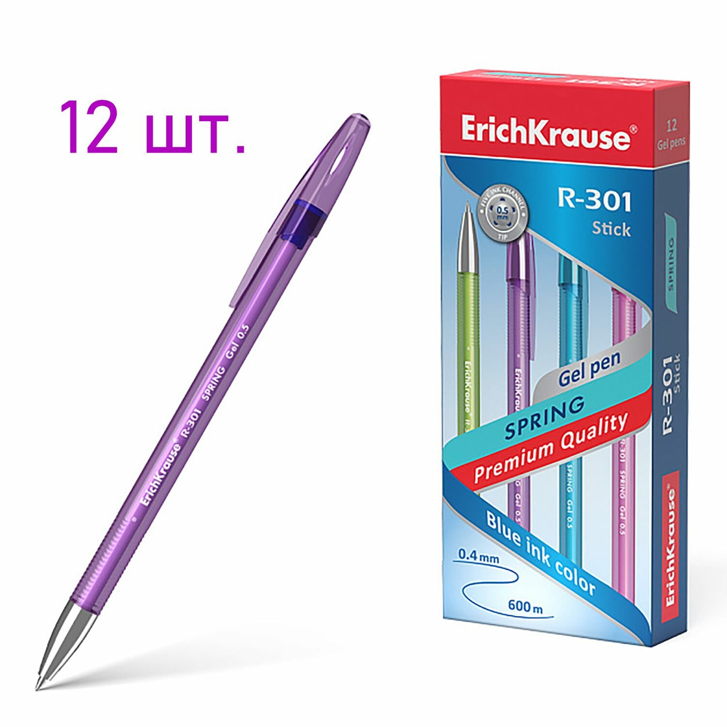 Ручка гелевая 12 шт ErichKrause R-301 Gel Stick Spring 0.5, цвет чернил синий