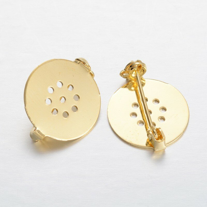 Основа для броши, 22х18мм, с фиксатором, с круглой перфорированной платформой, базовый материал - латунь, золотистого цвета, 2 шт.