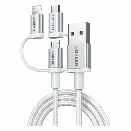 Кабель UGREEN US186, Lightning (m)/USB Type-C (m)/micro USB (m) - USB A (m), 1.5м, MFI, серебристый [50203_]