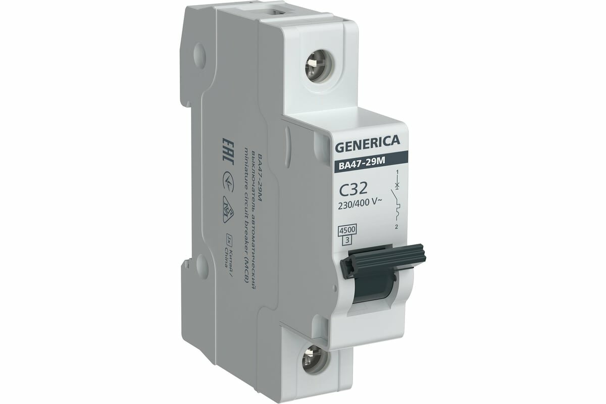 Выключатель автоматический Generica ВА47-29М, IP20, 32A, 4.5кА, 1 полюс, белый/серый
