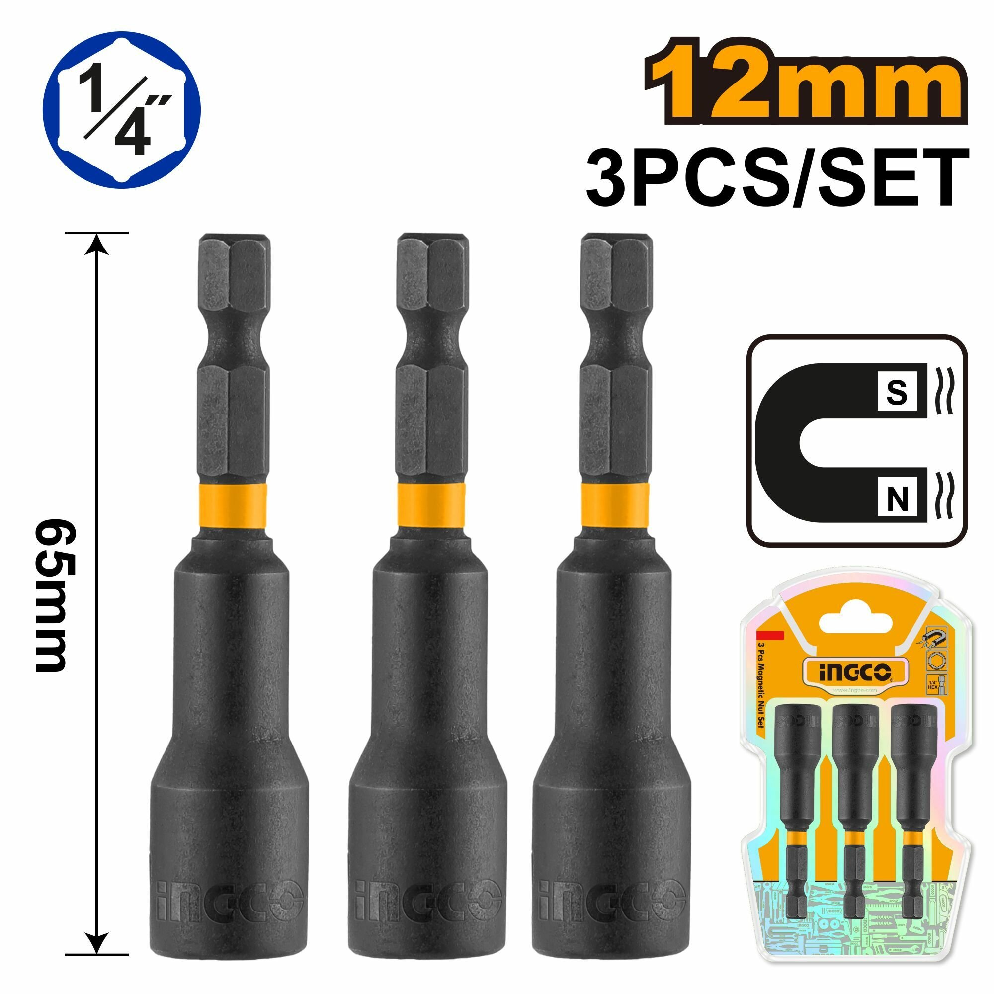Набор магнитных торцевых головок INGCO AMN1231 1/4" 12х65 мм 3 шт.