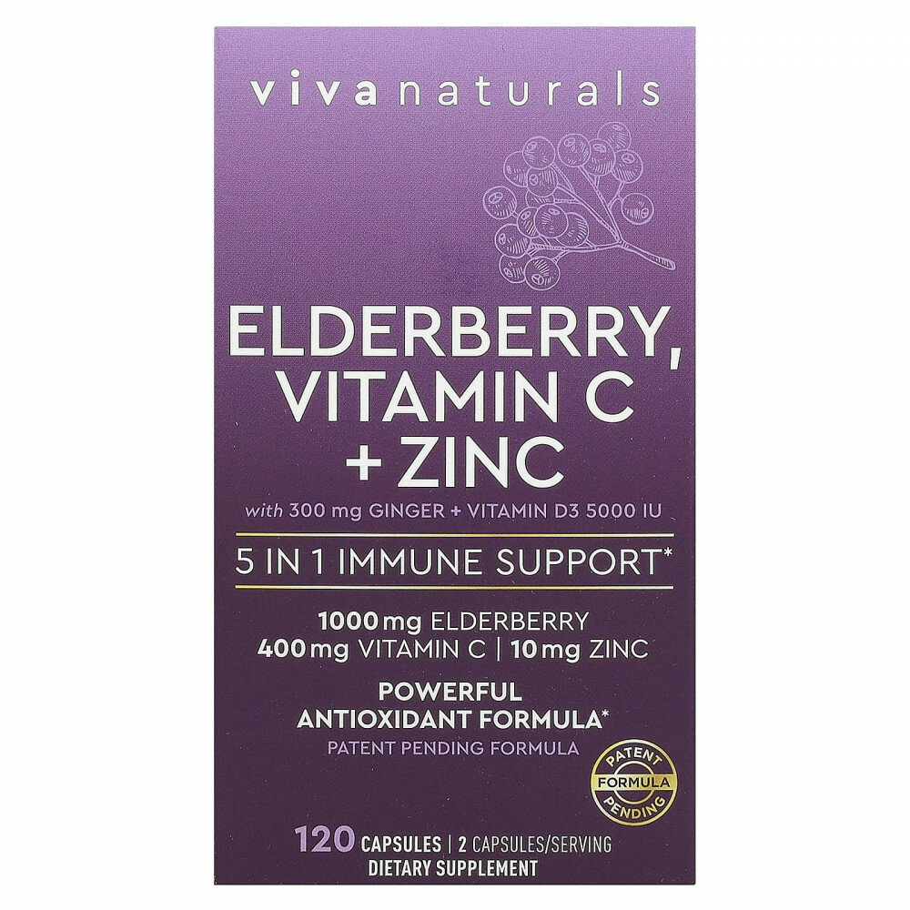 Viva Naturals, бузина, витамин C и цинк, 120 капсул