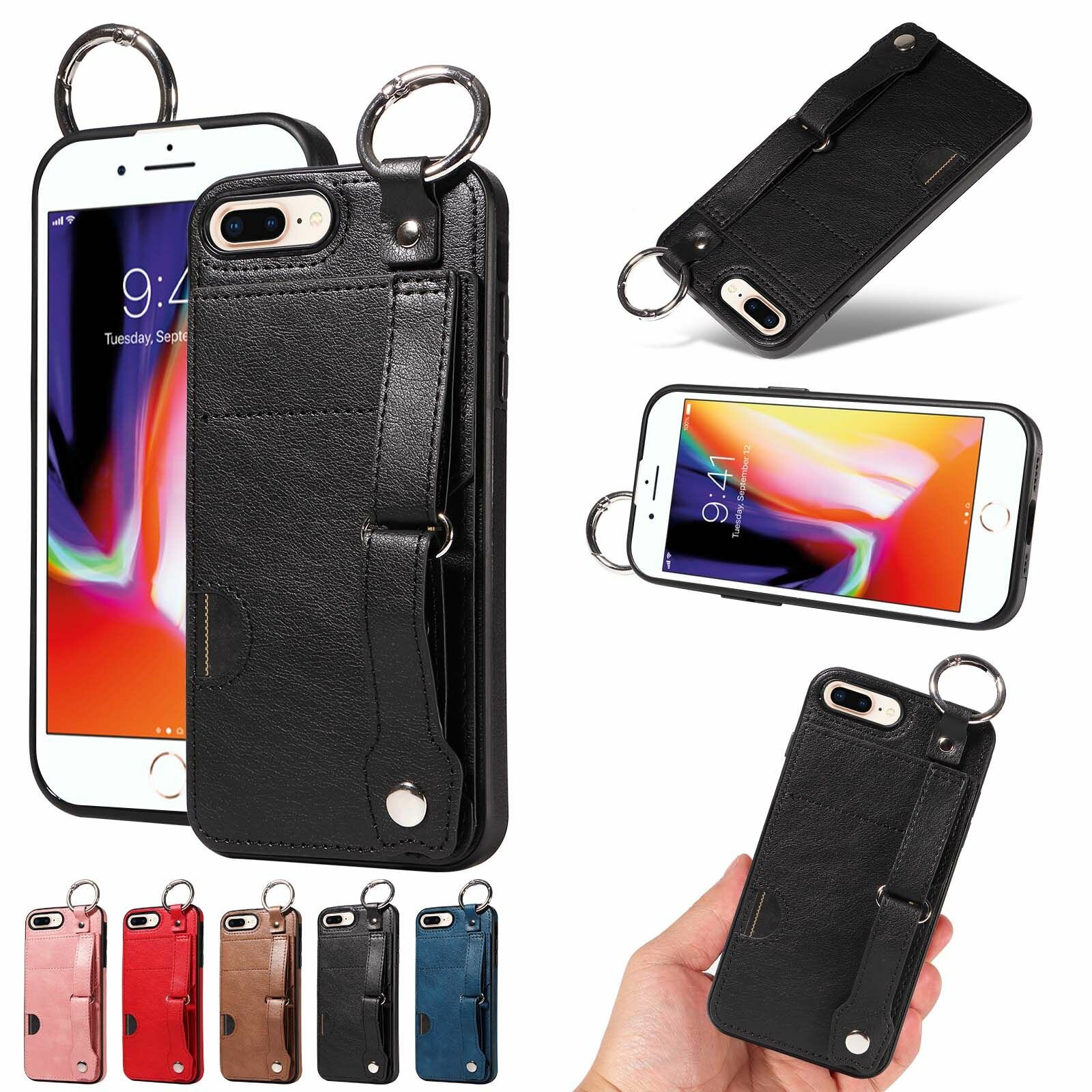 YIKATU Кожаный чехол для Apple iPhone 7 Plus / iPhone 8 Plus(айфон 7 плюс и айфон 8 плюс) с регулируемым ремешком на запястье/кольцевой пряжкой/ Держатель карты