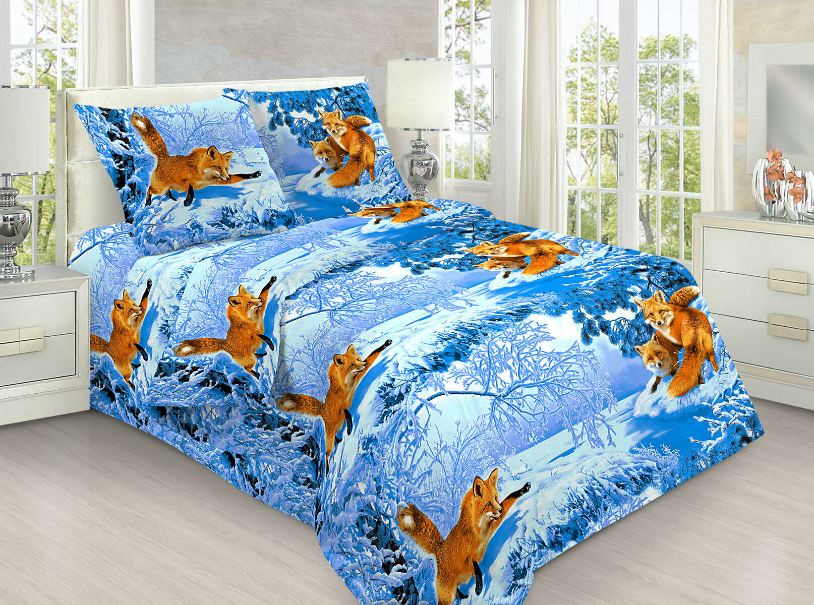 Комплект постельного белья Новогодние лисы, бязь 1,5 спальный, 100% хлопок, наволочки 70 на 70