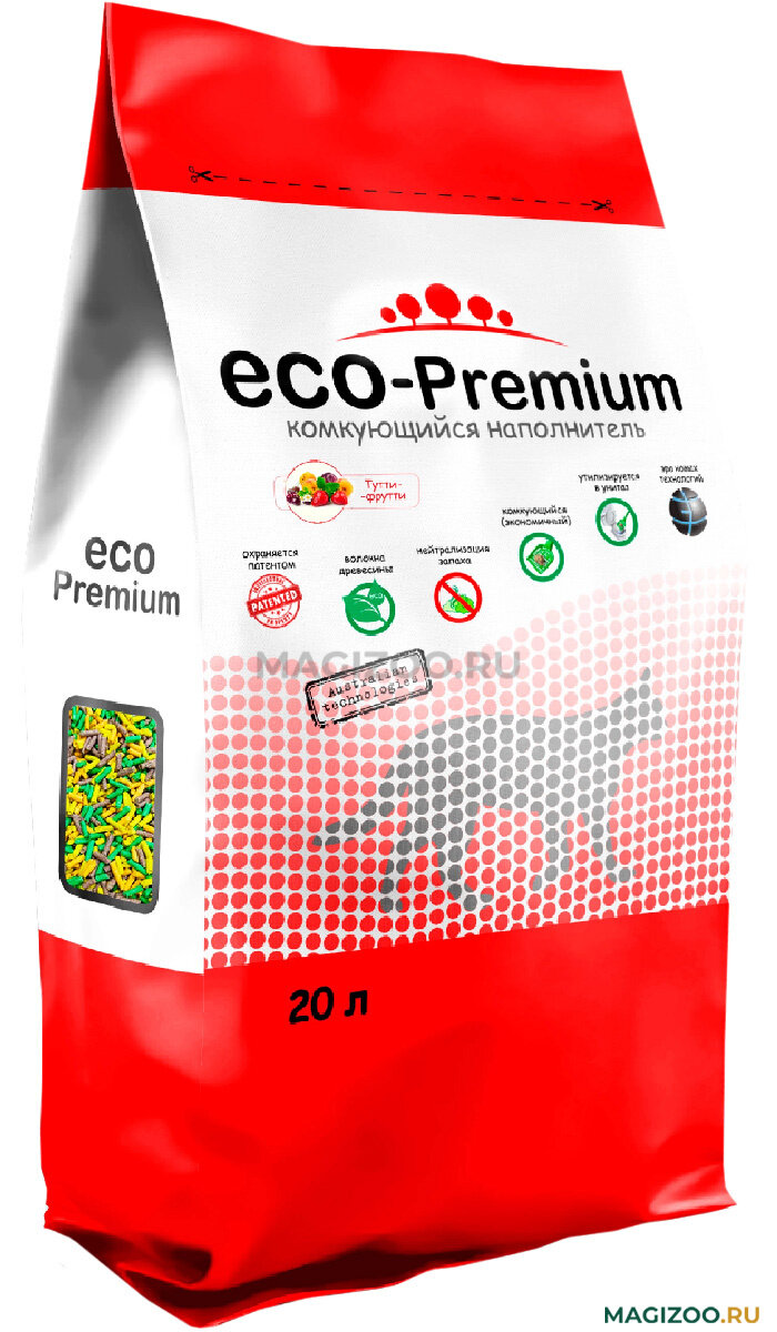 ECO-PREMIUM тутти-фрутти наполнитель древесный комкующийся для туалета кошек с ароматом фруктов и ягод (7,6 + 7,6 кг)