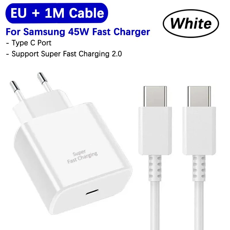 Зарядное устройство Samsung 45 Вт, адаптер для супер быстрой зарядки типа C для White-EU With Cable